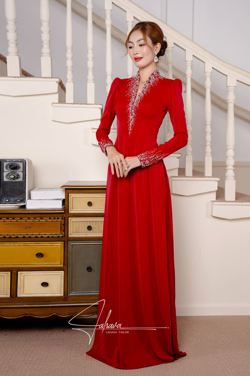 Dark red V-neck beaded party Ao dai – LAHAVA