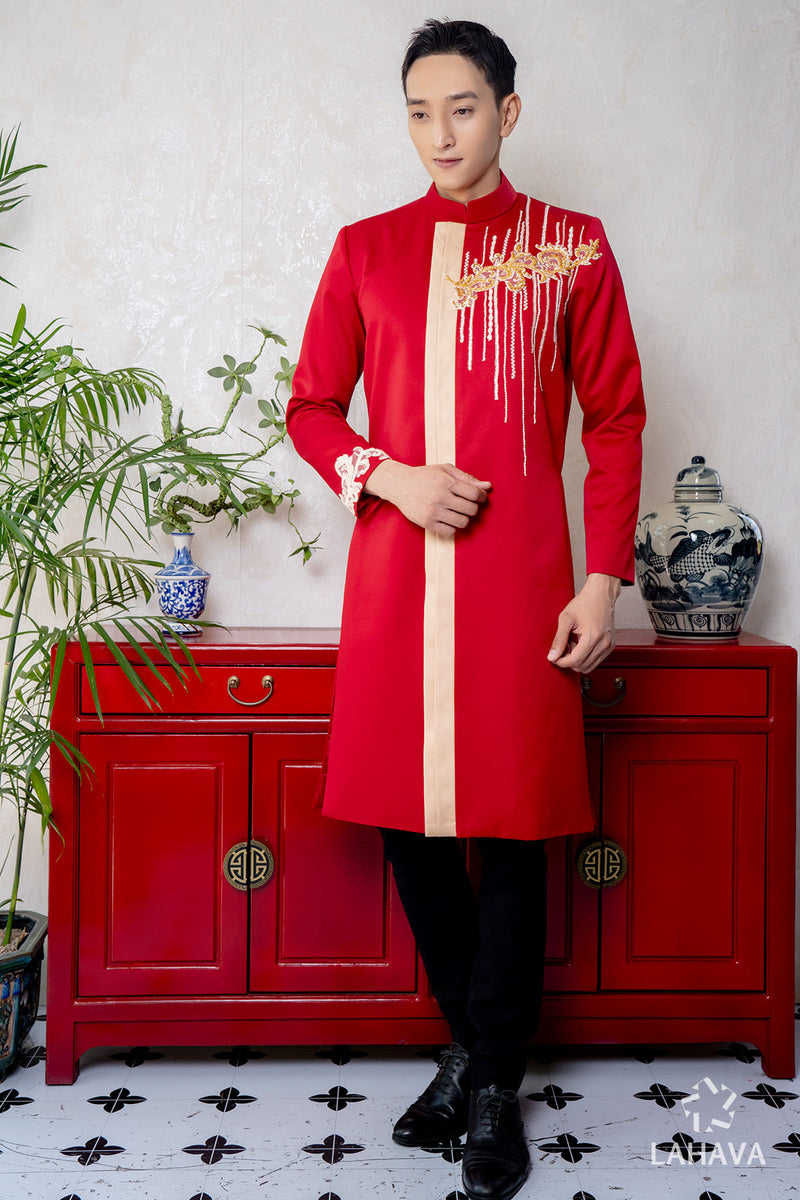 Red men's ao dai with the gold beadwork – LAHAVA