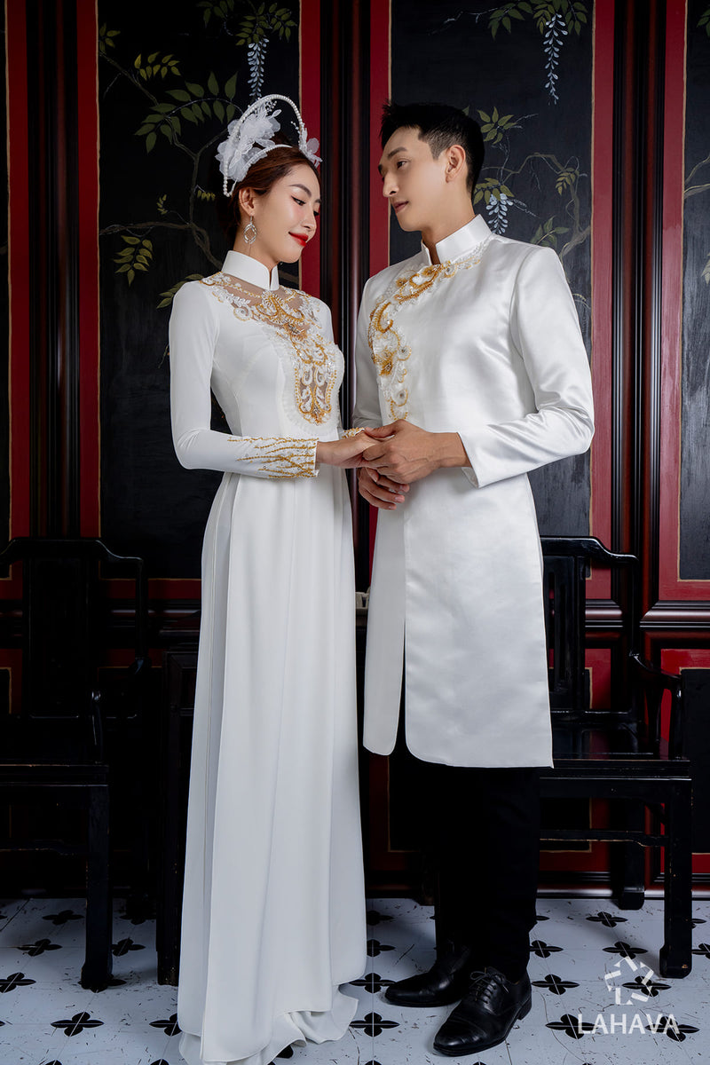White couple ao dai with gold beadwork – LAHAVA