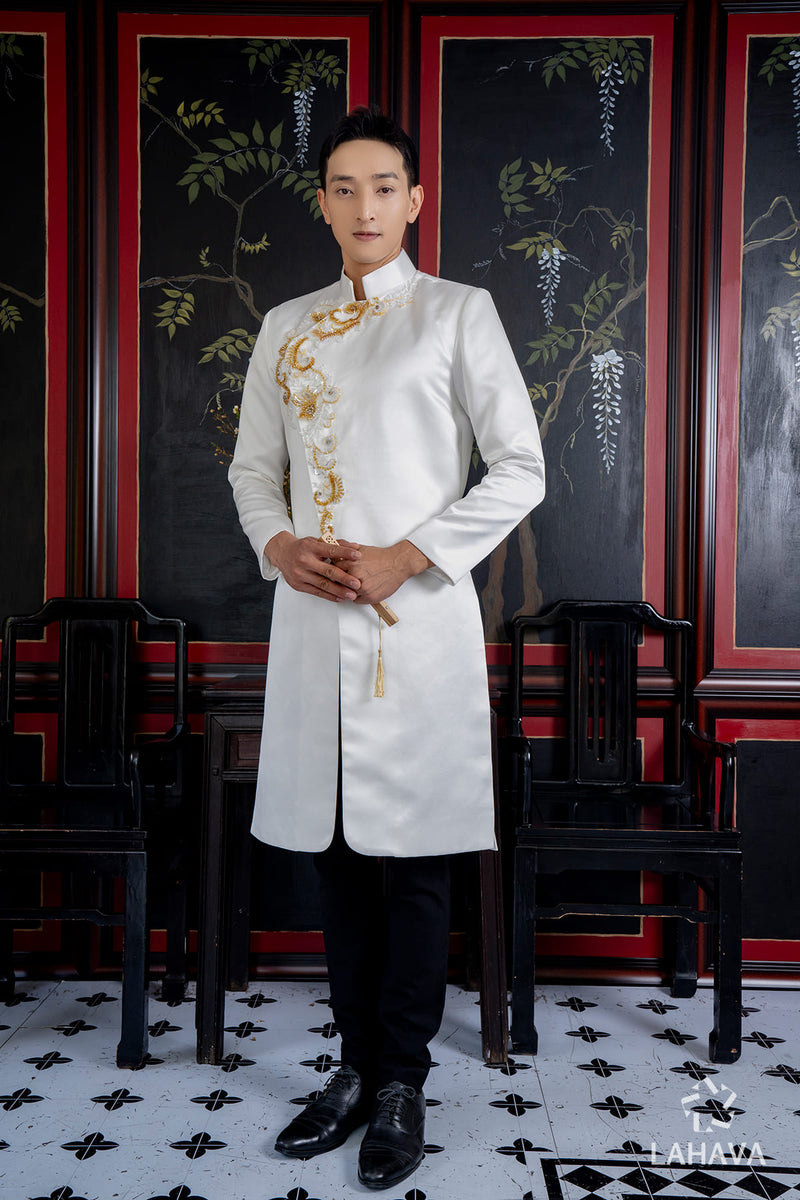 White men's ao dai with gold beaded – LAHAVA