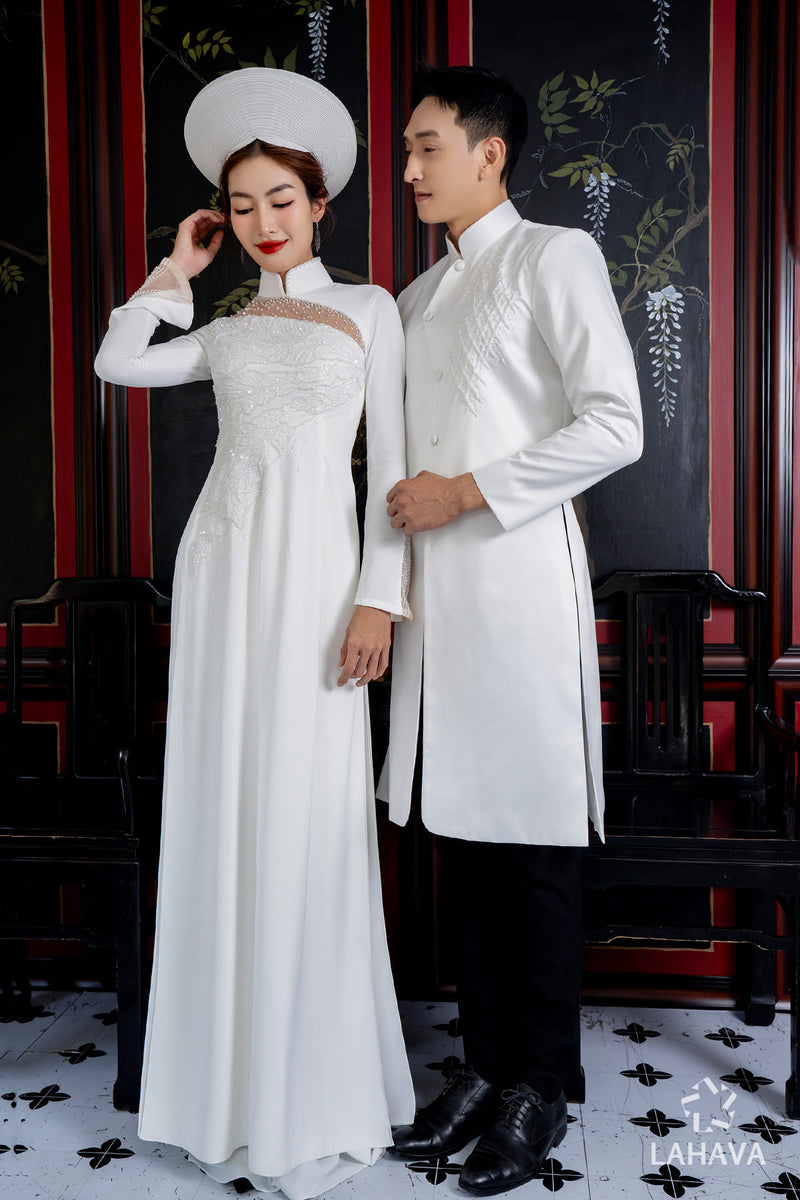 White couple ao dai with exquisite beadwork – LAHAVA