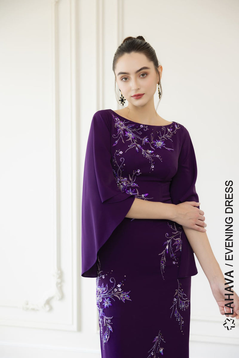 Purple column dress with cape sleeves – LAHAVA