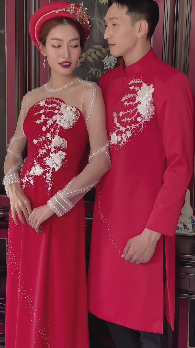 Red mens' ao dai with white beaded – LAHAVA