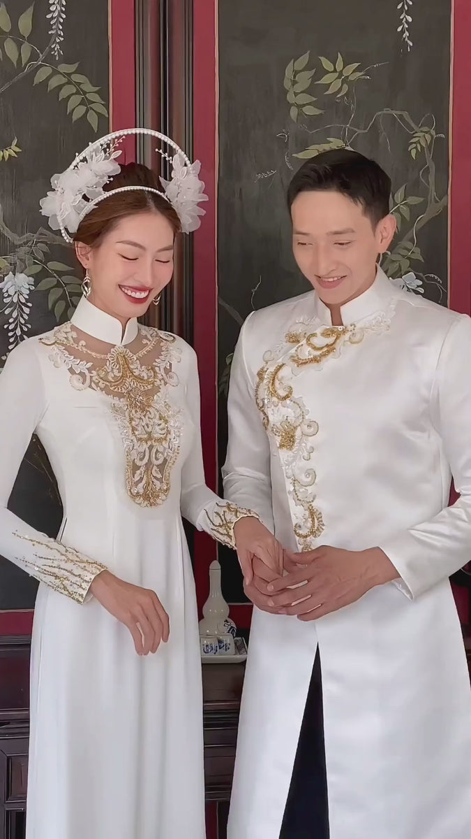 White men's ao dai with gold beaded – LAHAVA