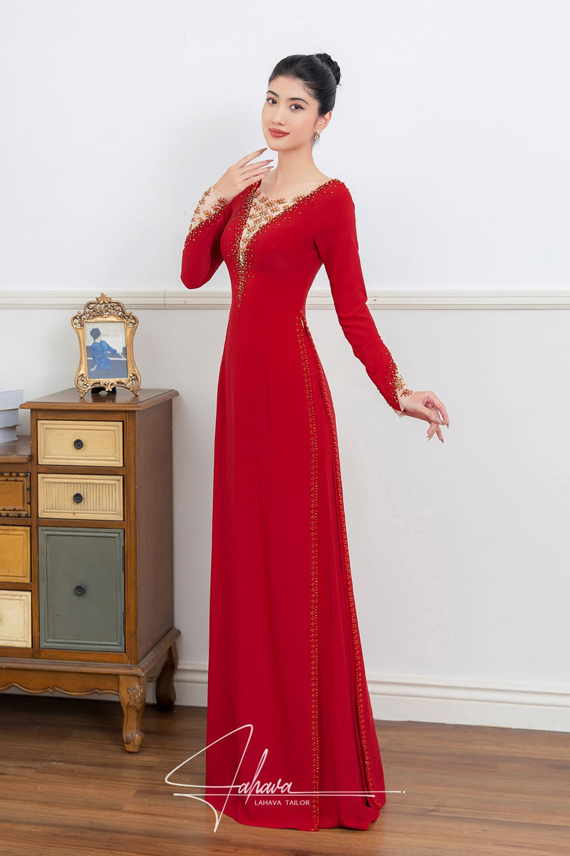 Red beaded modern ao dai – LAHAVA