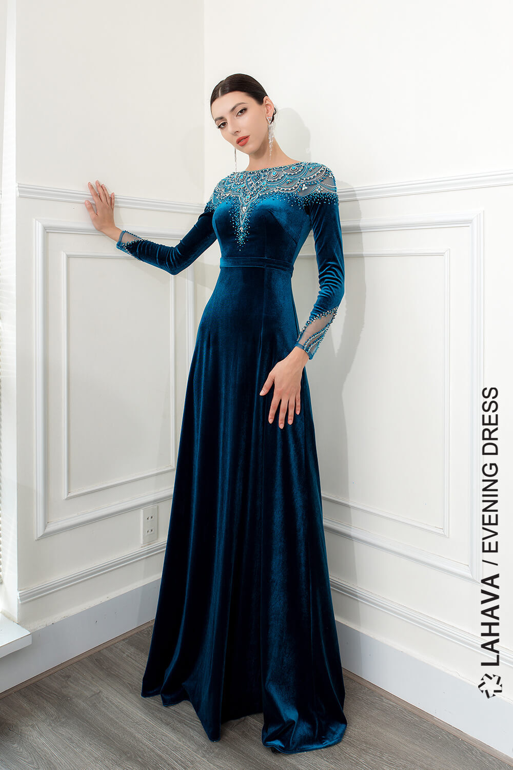 Velvet long sleeves beaded gown – LAHAVA