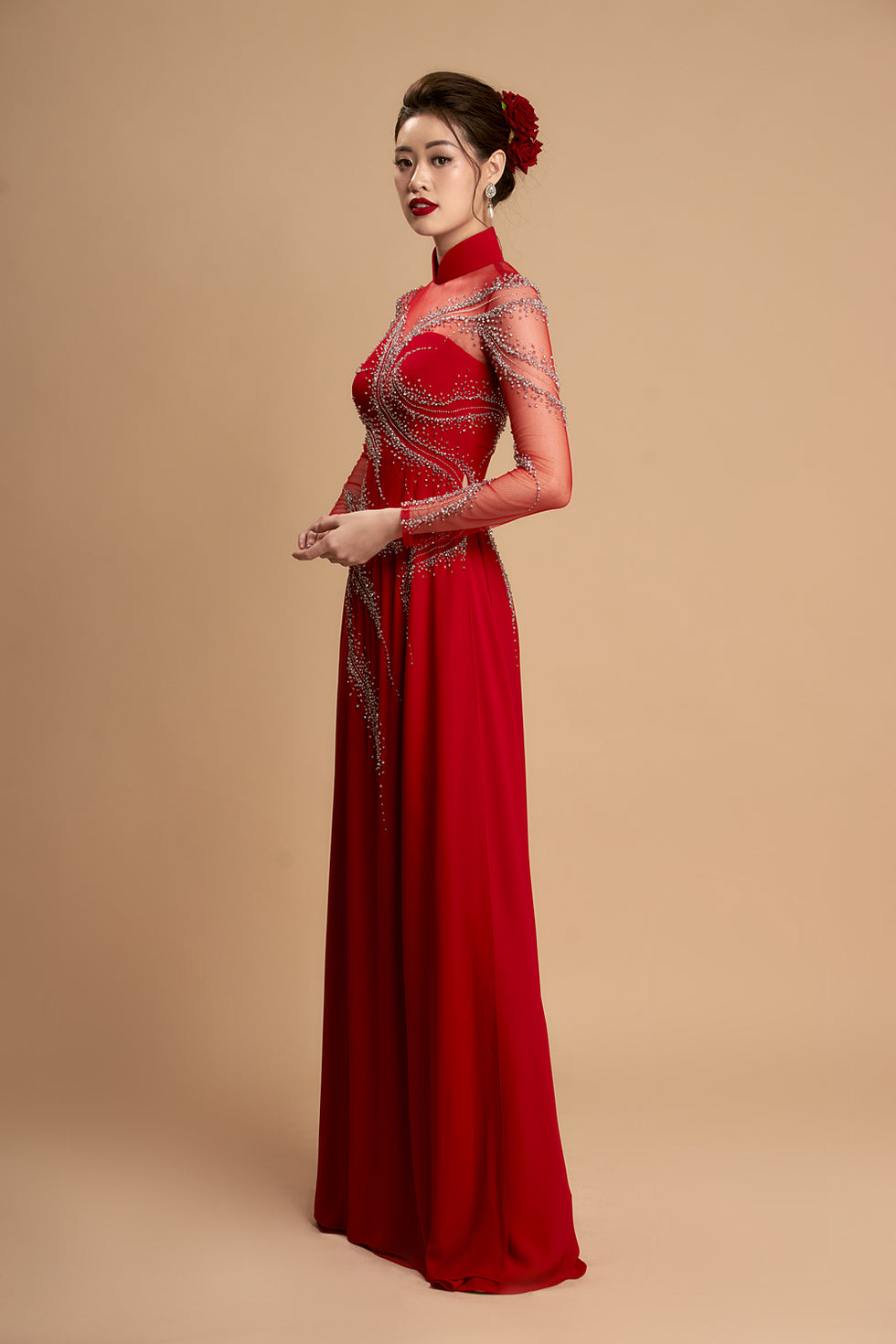Impressive red modern ao dai beaded – LAHAVA