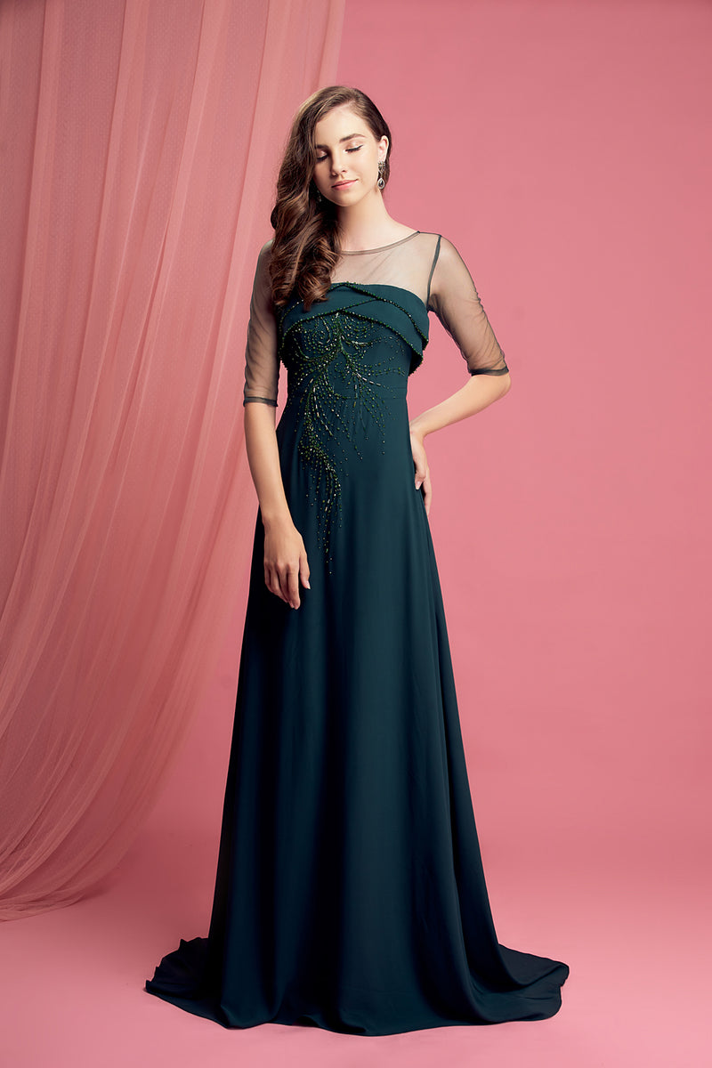 Simple A line half sleeves beaded evening drses – LAHAVA